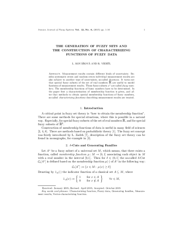 (PDF) The generation of fuzzy sets and the~construction of~characterizing functions of~fuzzy data