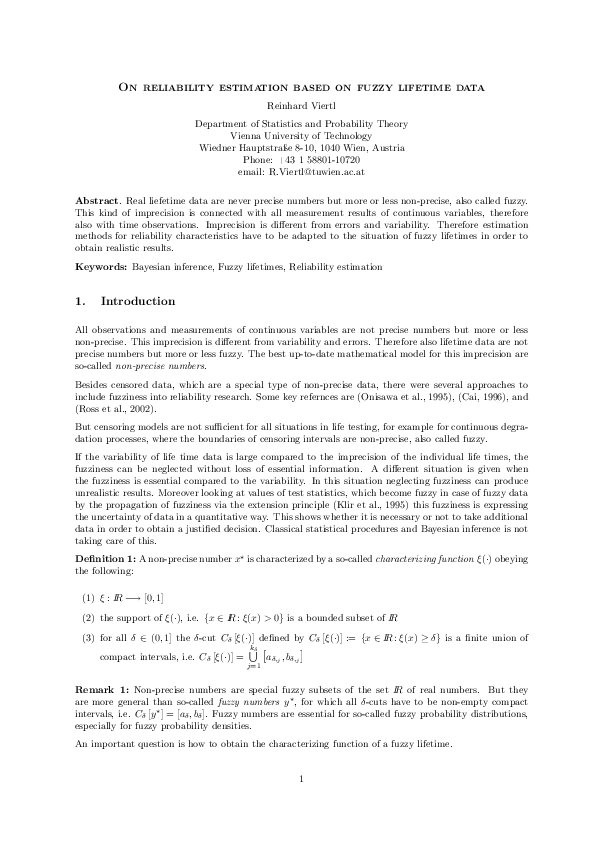 (PDF) On reliability estimation based on fuzzy lifetime data | Reinhard Viertl - Academia.edu