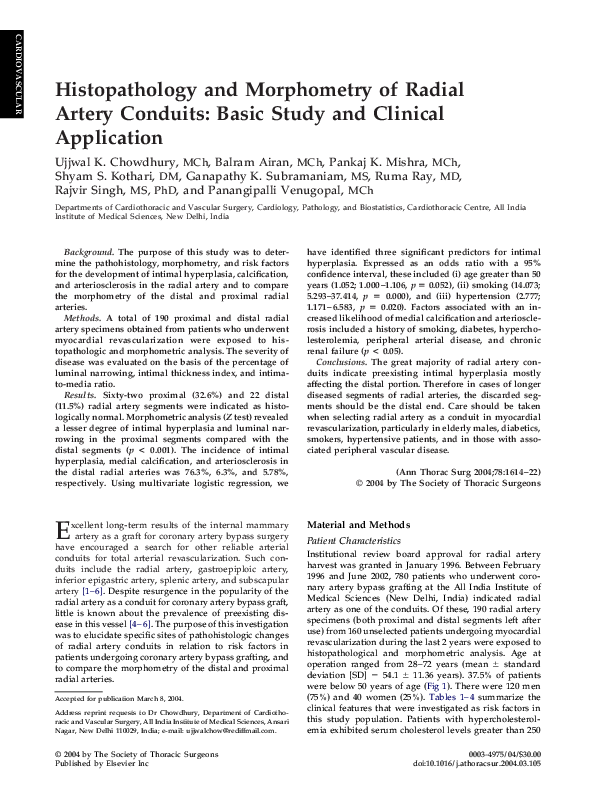 (PDF) Histopathology and Morphometry of Radial Artery Conduits: Basic Study and Clinical Application