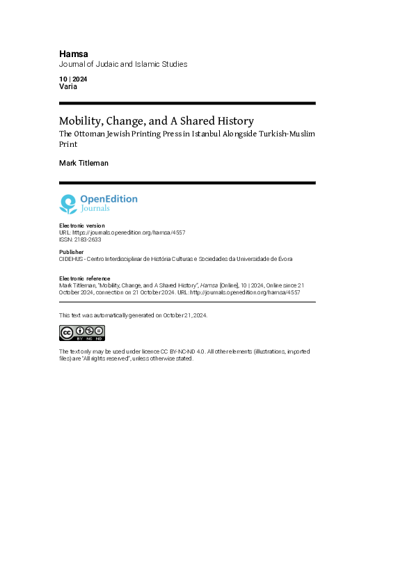 (PDF) Mobility, Change, and A Shared History: The Ottoman Jewish ...