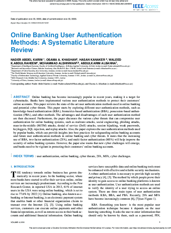 (PDF) Online Banking User Authentication Methods: A Systematic ...