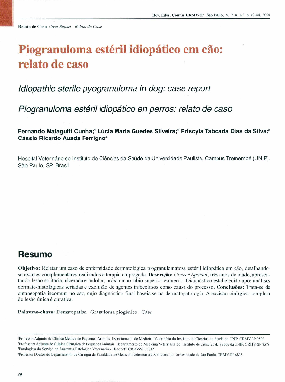 (PDF) Piogranuloma estéril idiopático em cão: relato de caso