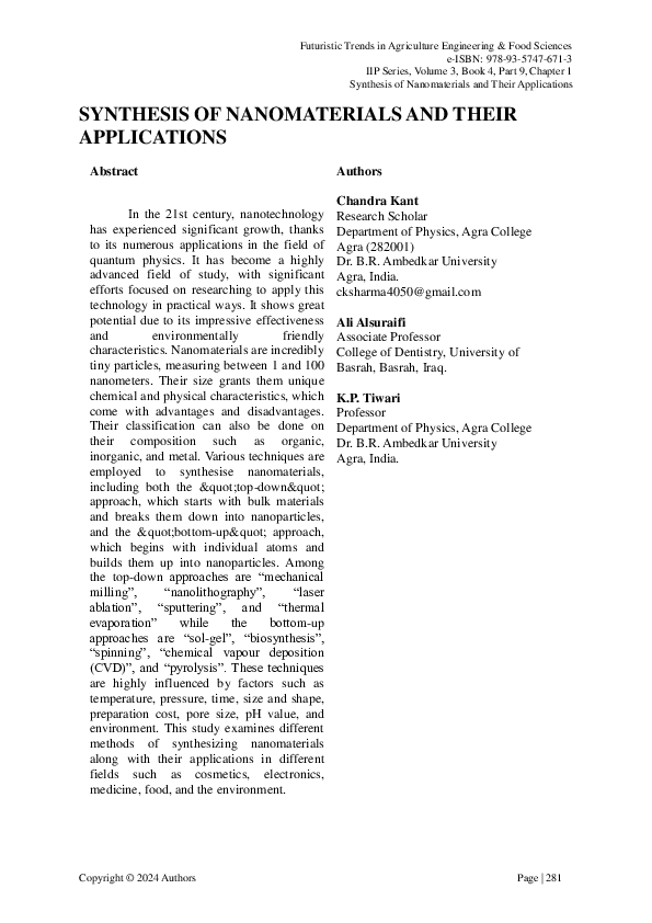 (PDF) Synthesis of Nanomaterials and Their Applications