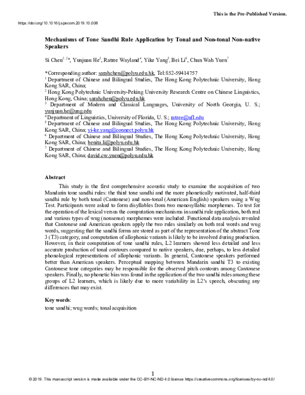 (PDF) Mechanisms of tone sandhi rule application by tonal and non-tonal ...