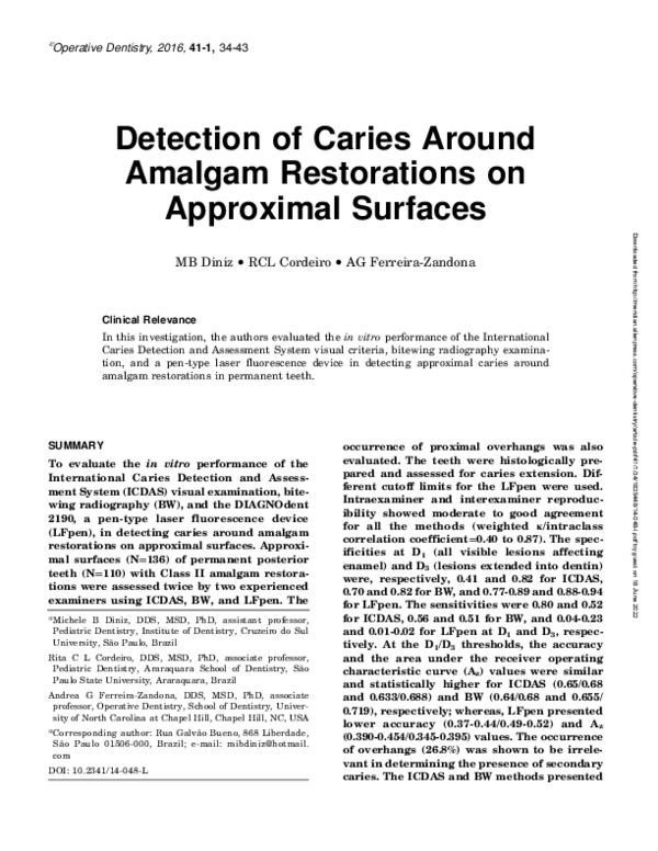(PDF) Detection of Caries Around Amalgam Restorations on Approximal ...