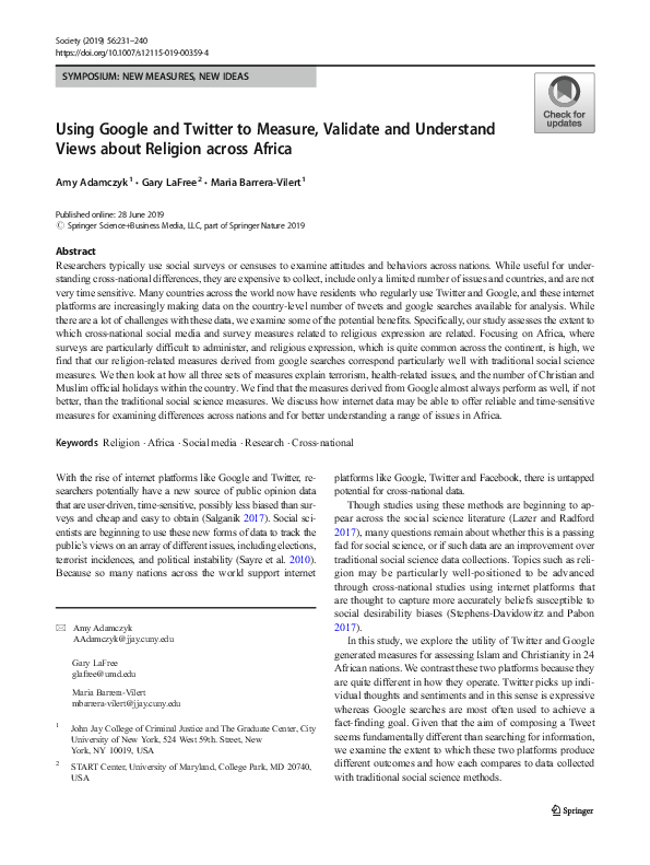 (PDF) Using Google and Twitter to Measure, Validate and Understand Views about Religion across ...