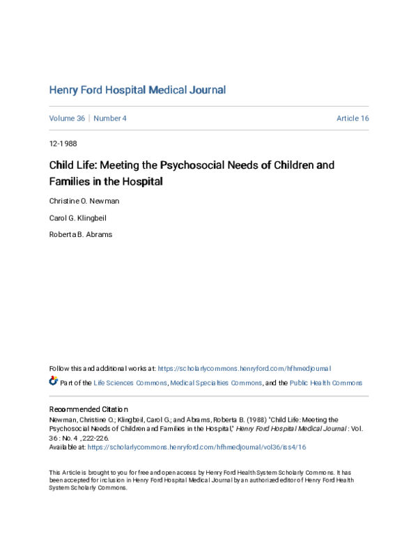 (PDF) Child life: meeting the psychosocial needs of children and families in the hospital