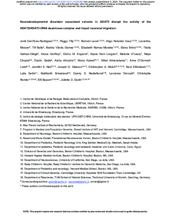 (PDF) Neurodevelopmental disorders associated variants in ADAT3 disrupt ...