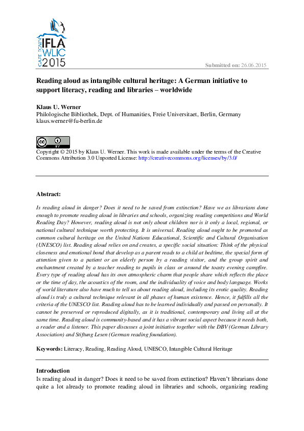 (PDF) Reading aloud as intangible cultural heritage: A German ...