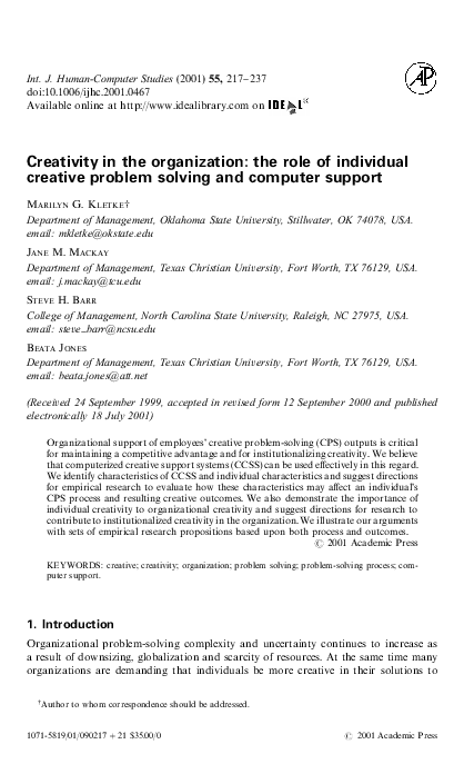 (PDF) Creativity in the organization: the role of individual creative problem solving and ...