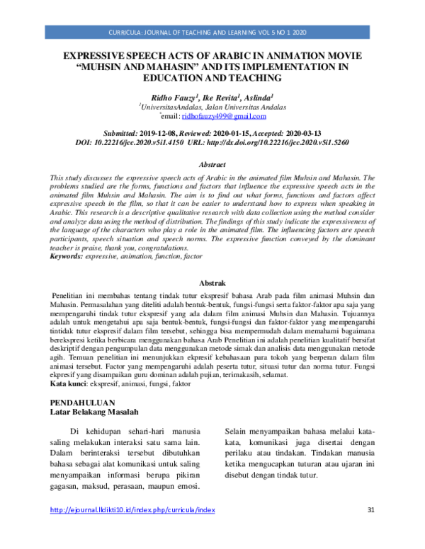 (PDF) Expressive Speech Acts of Arabic in Animation Movie “Muhsin and ...