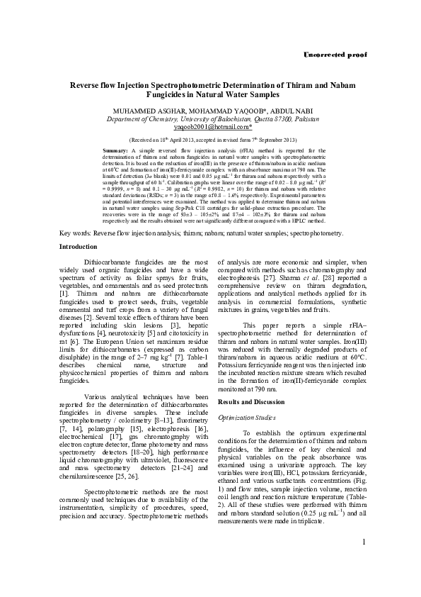 Pdf Reverse Flow Injection Spectrophotometric Determination Of Thiram And Nabam Fungicides In