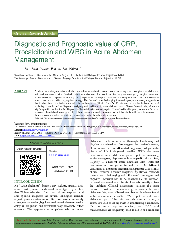 (PDF) Diagnostic and Prognostic value of CRP, Procalcitonin and WBC in ...