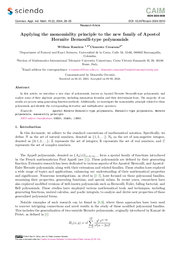 (PDF) Applying the monomiality principle to the new family of Apostol Hermite Bernoulli-type ...