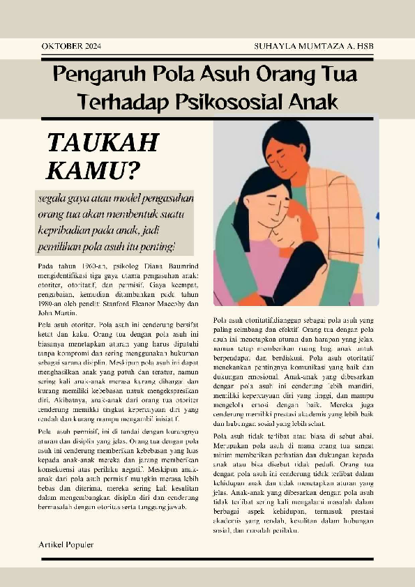 (PDF) PENGARUH POLA ASUH ORANG TUA TERHADAP PSIKOSOSIAL ANAK | Suhayla M U M T A Z A Anggina ...