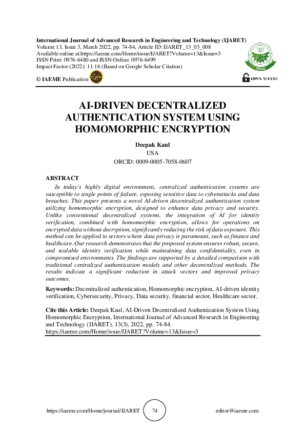 (PDF) AI-DRIVEN DECENTRALIZED AUTHENTICATION SYSTEM USING HOMOMORPHIC ENCRYPTION