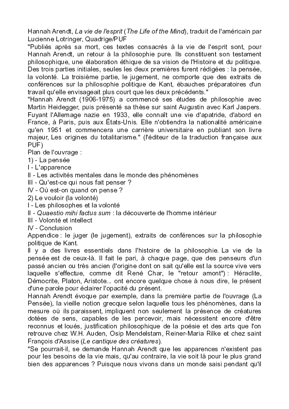 (PDF) Hannah Arendt, La Vie de L'Esprit