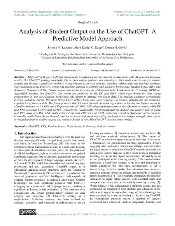 (PDF) Analysis of Student Output on the Use of ChatGPT: A Predictive ...