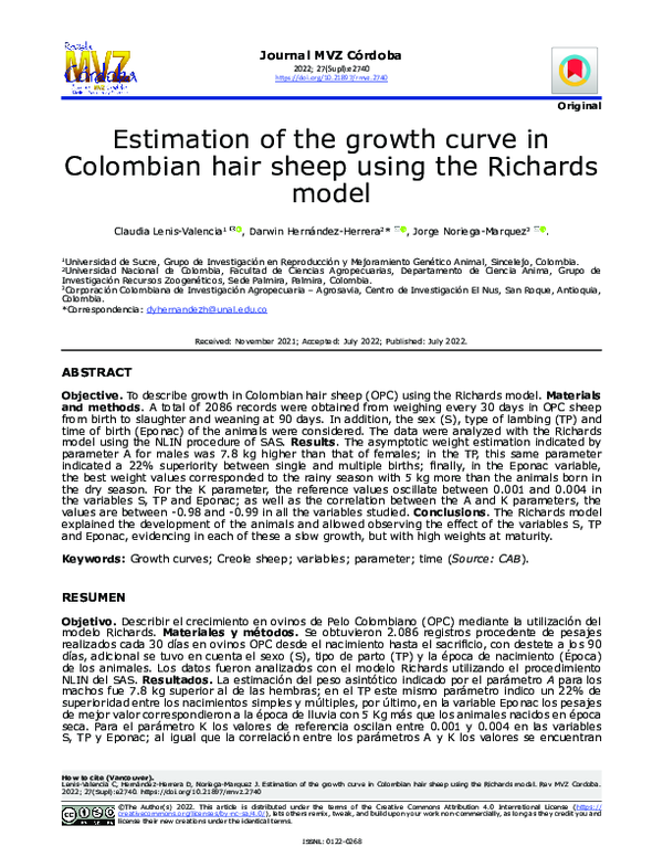 (PDF) Estimation of the growth curve in Colombian hair sheep using the Richards model | Revista ...
