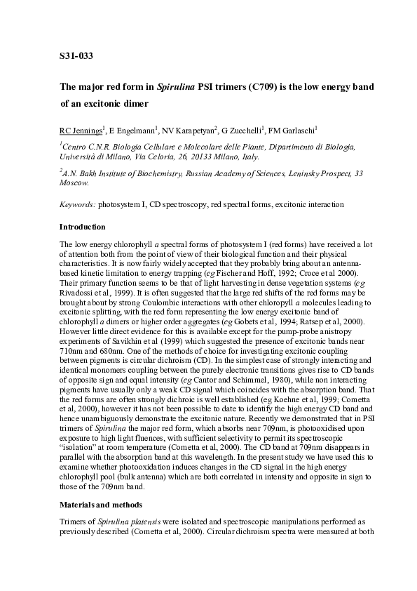 (PDF) The majot red form in Spirulina trimers (C709) is the low energy band of an excitonic dimer