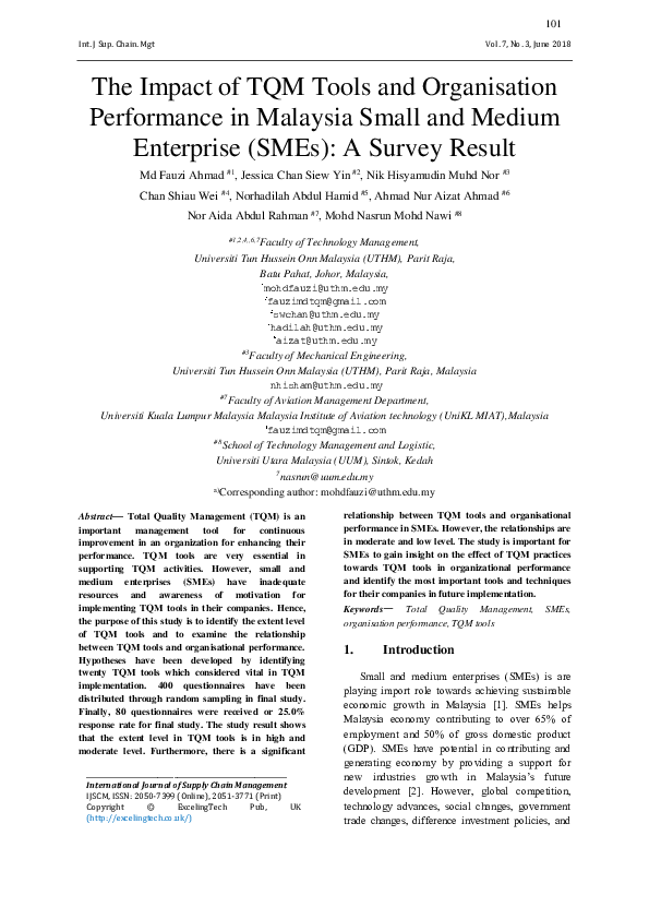 (PDF) The Impact of TQM Tools and Organisation Performance In Malaysia Small And Medium ...