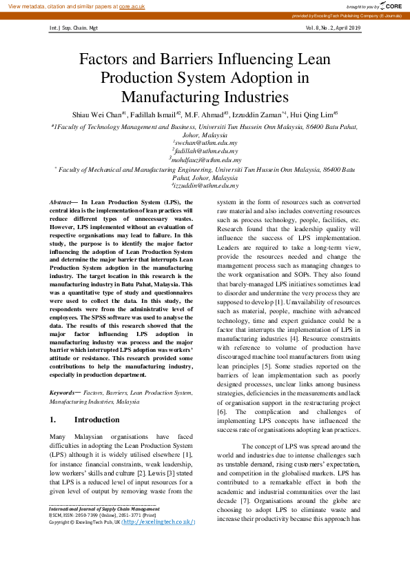 (PDF) Factors and Barriers Influencing Lean Production System Adoption ...