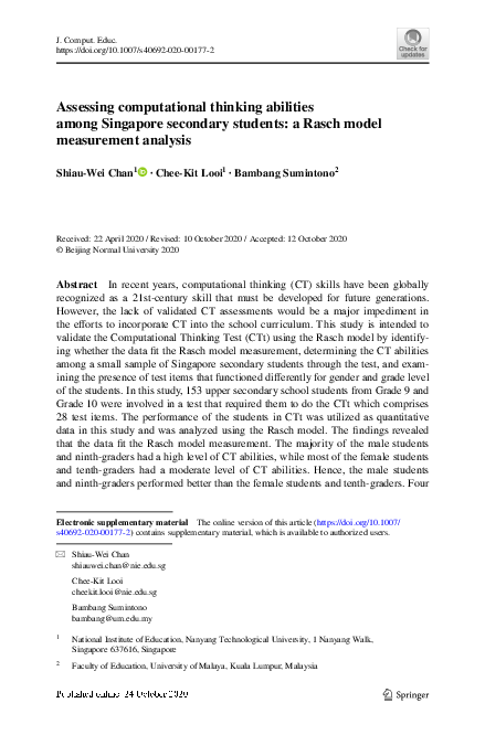 (PDF) Assessing computational thinking abilities among Singapore secondary students: a Rasch ...