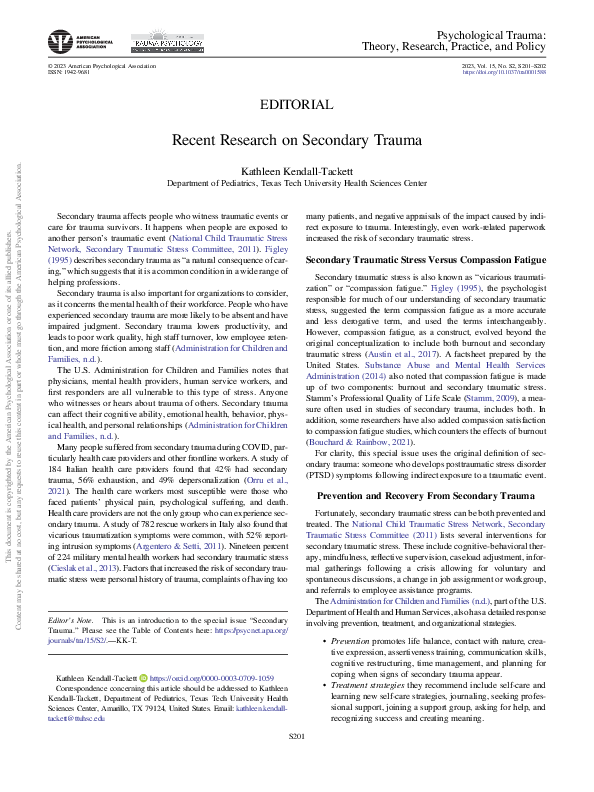 (PDF) Recent research on secondary trauma