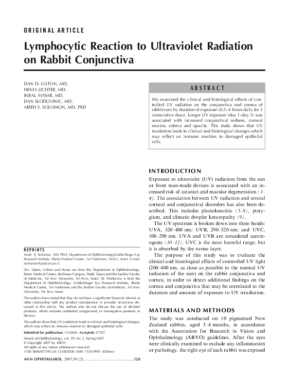 (PDF) Lymphocytic Reaction to Ultraviolet Radiation on Rabbit ...