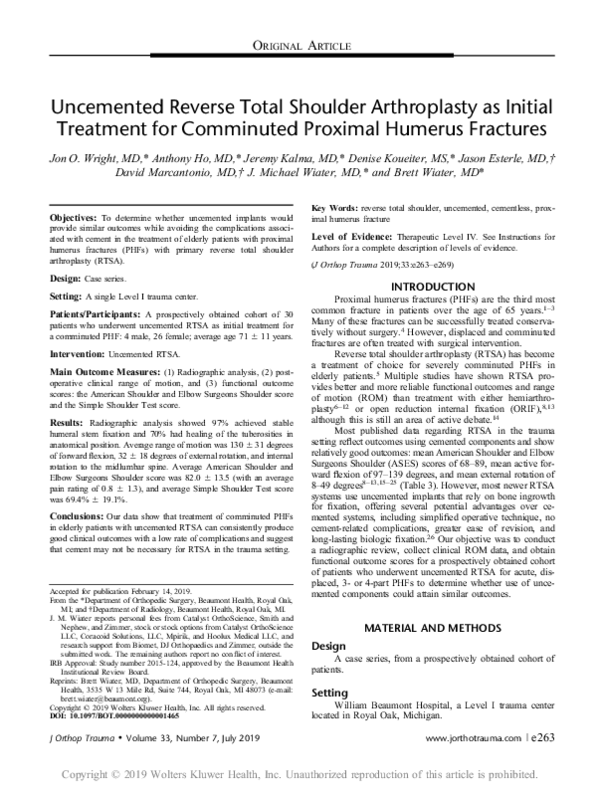 (PDF) Uncemented Reverse Total Shoulder Arthroplasty as Initial ...