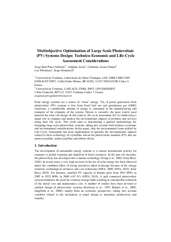 Pdf Multiobjective Optimization Of Large Scale Photovoltaic Pv Systems Design Technico