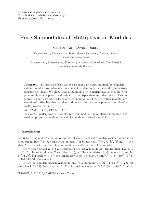 (PDF) Pure submodules of multiplication modules