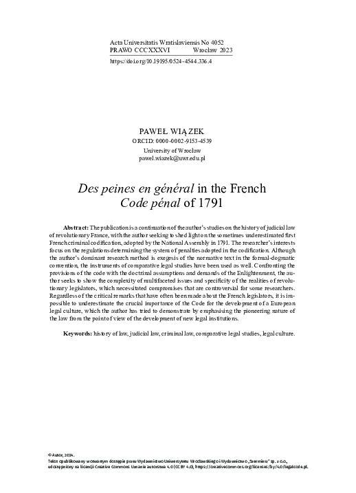 (PDF) “Des peines en général” in the French “Code pénal” of 1791