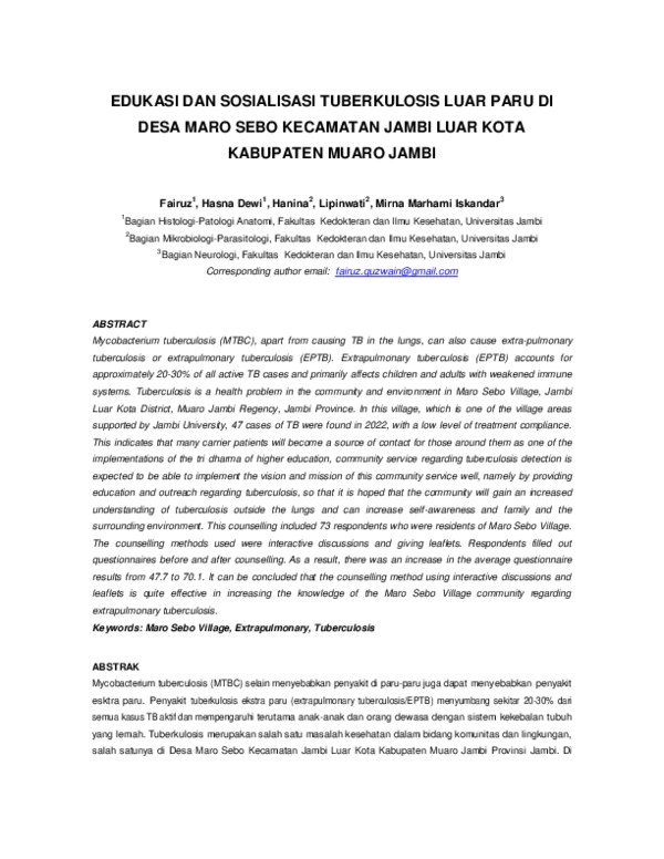 (PDF) Edukasi Dan Sosialisasi Tuberkulosis Luar Paru DI Desa Maro Sebo ...