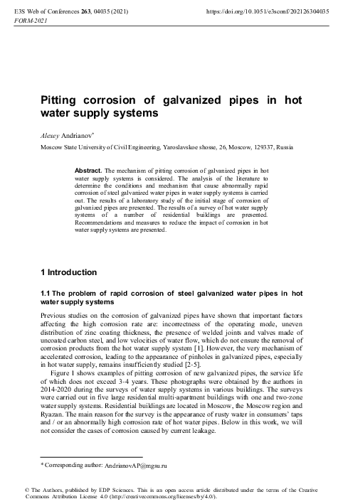 (PDF) Pitting corrosion of galvanized pipes in hot water supply systems