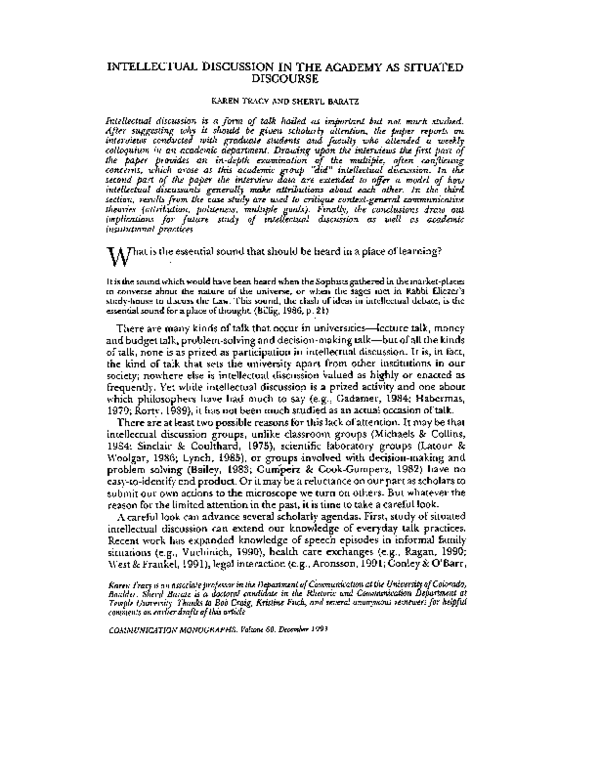 (PDF) Intellectual discussion in the academy as situated discourse