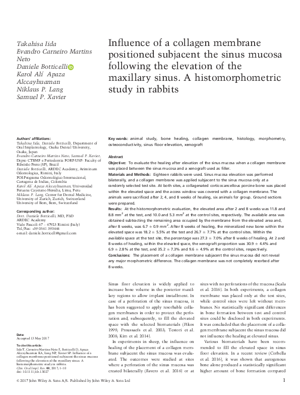 (PDF) Influence of a collagen membrane positioned subjacent the sinus ...
