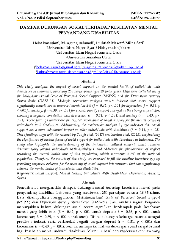 (PDF) Dampak Dukungan Sosial terhadap Kesehatan Mental Penyandang Disabilitas