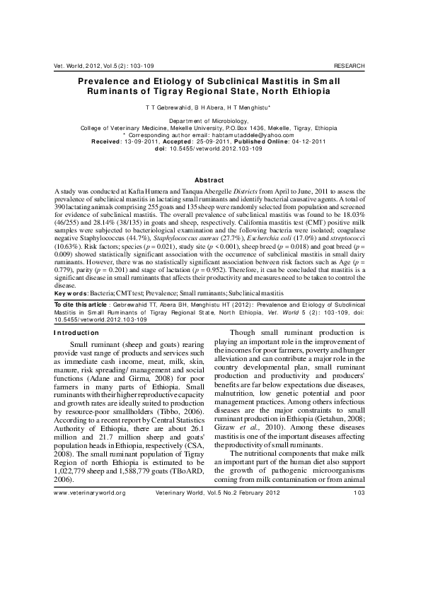 (PDF) Prevalence and Etiology of Subclinical Mastitis in Small ...