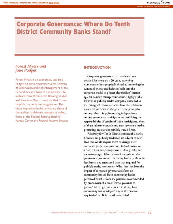 (PDF) Corporate Governance: Where Do Tenth District Community Banks Stand?