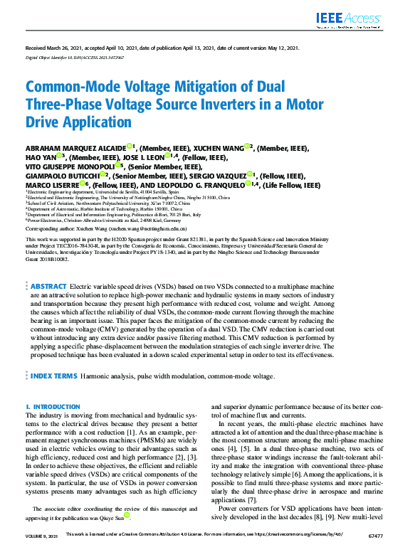 Pdf Common Mode Voltage Mitigation Of Dual Three Phase Voltage Source Inverters In A Motor
