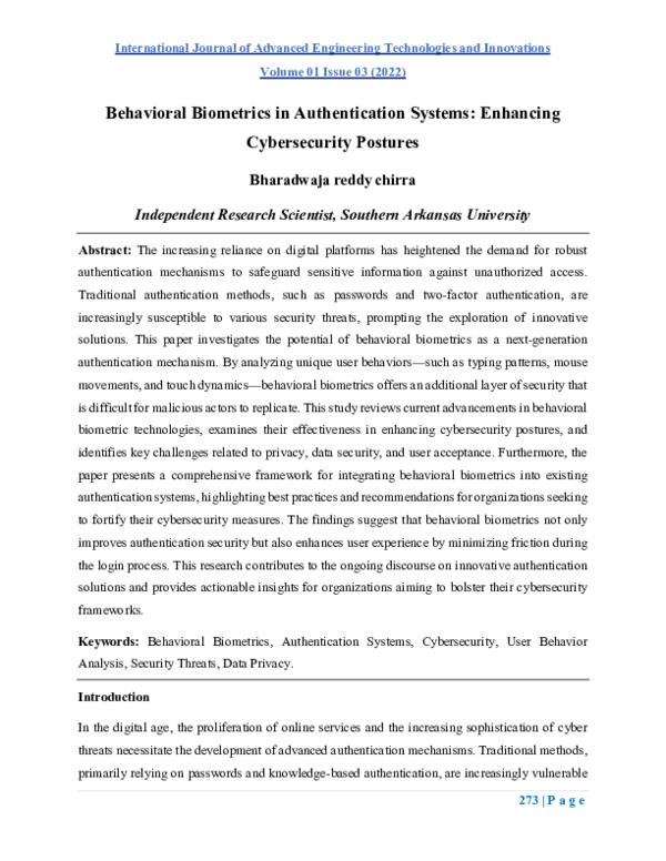 (PDF) Behavioral Biometrics in Authentication Systems: Enhancing Cybersecurity Postures