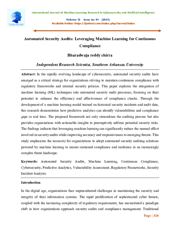 (PDF) Automated Security Audits: Leveraging Machine Learning for Continuous Compliance