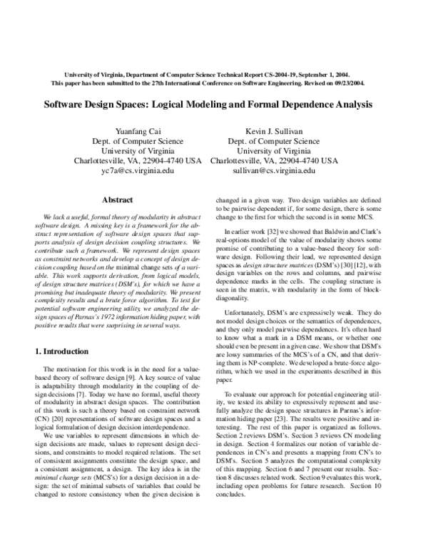 (PDF) Software Design Spaces: Logical Modeling and Formal Dependence Analysis | Kevin Sullivan ...