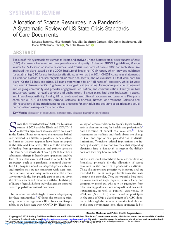 (PDF) Allocation of Scarce Resources in a Pandemic: A Systematic Review ...