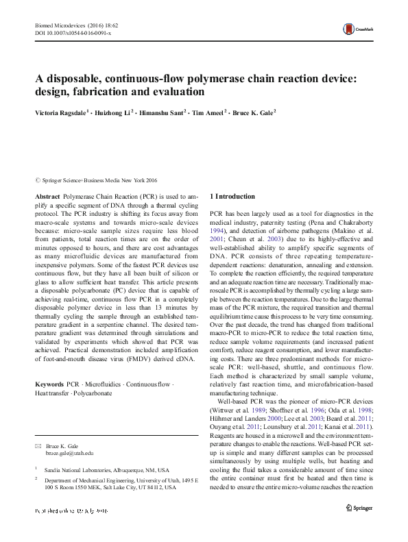 (PDF) A disposable, continuous-flow polymerase chain reaction device ...