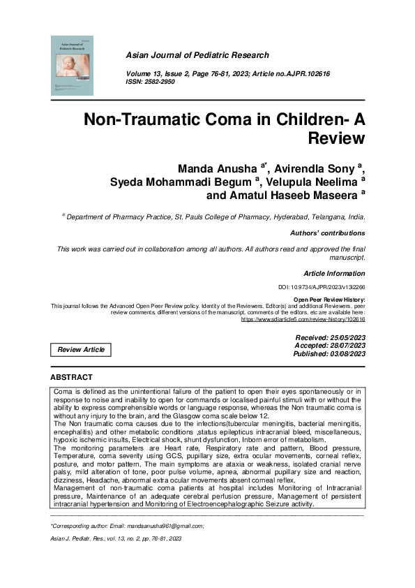 (PDF) Non-Traumatic Coma in Children- A Review
