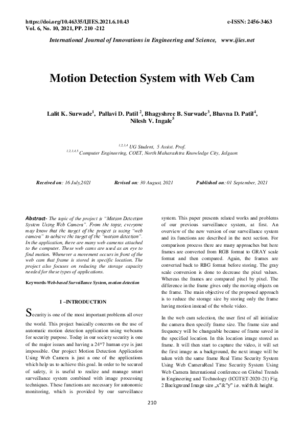 (PDF) Motion Detection System with Web Cam | Bhavna Patil - Academia.edu