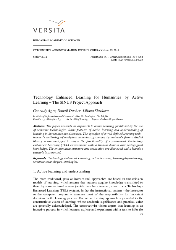 (PDF) Technology Enhanced Learning for Humanities by Active Learning − the Sinus Project Approach