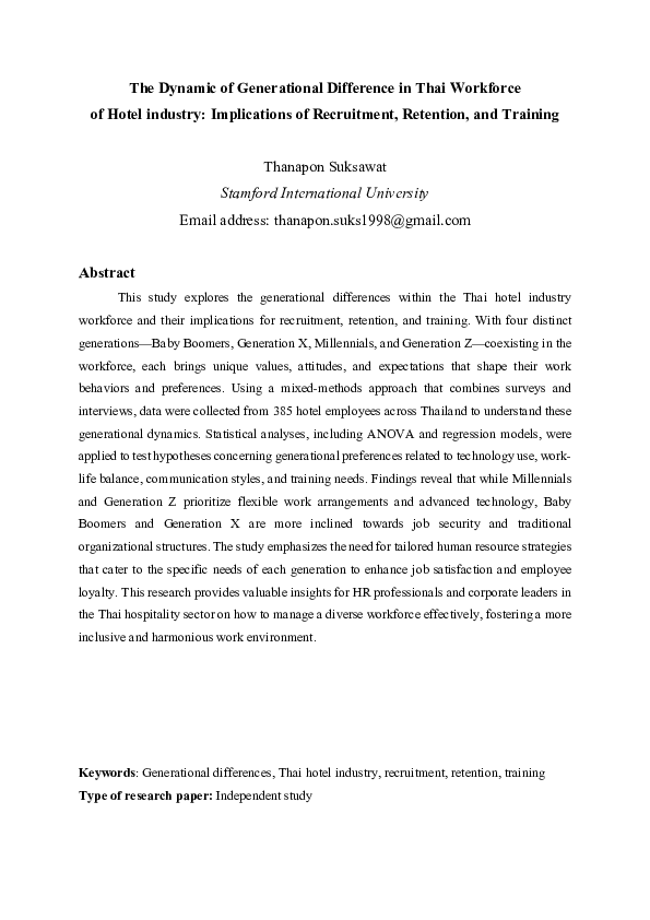 (PDF) The Dynamic of Generational Difference in Thai Workforce of Hotel ...